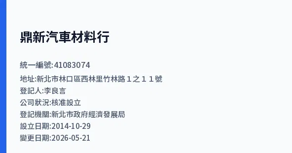 鼎新汽車材料行的照片-統編 41083074(新北市) 公司登記資料與營業項目詳細圖表