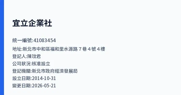 宜立企業社的照片-統編 41083454(新北市) 公司登記資料與營業項目詳細圖表