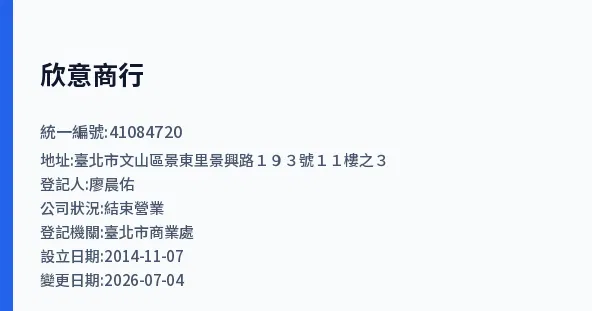欣意商行的照片-統編 41084720(臺北市) 公司登記資料與營業項目詳細圖表
