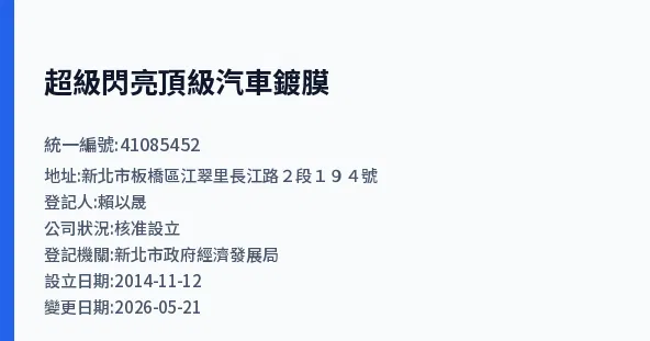 超級閃亮頂級汽車鍍膜的照片-統編 41085452(新北市) 公司登記資料與營業項目詳細圖表