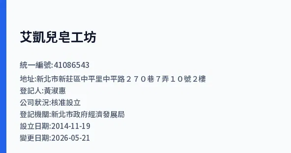 艾凱兒皂工坊的照片-統編 41086543(新北市) 公司登記資料與營業項目詳細圖表