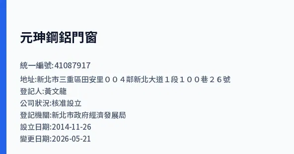 元珅鋼鋁門窗的照片-統編 41087917(新北市) 公司登記資料與營業項目詳細圖表