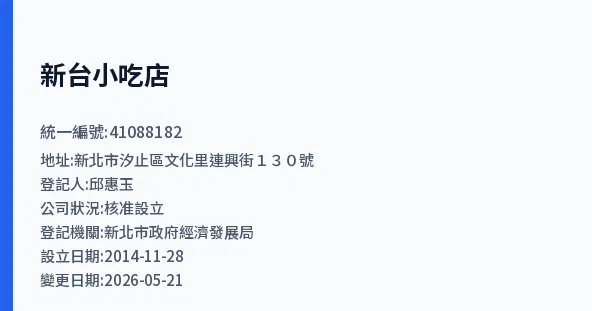 新台小吃店的照片-統編 41088182(新北市) 公司登記資料與營業項目詳細圖表