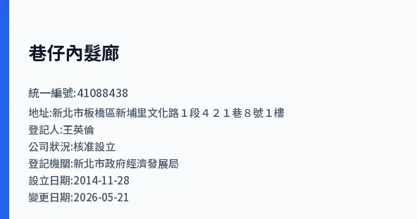 巷仔內髮廊的照片-統編 41088438(新北市) 公司登記資料與營業項目詳細圖表