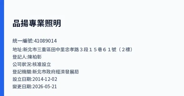 品揚專業照明的照片-統編 41089014(新北市) 公司登記資料與營業項目詳細圖表