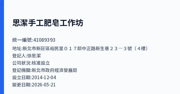 思潔手工肥皂工作坊的照片-統編 41089393(新北市) 公司登記資料與營業項目詳細圖表
