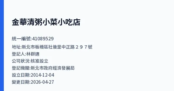 金華清粥小菜小吃店的照片-統編 41089529(新北市) 公司登記資料與營業項目詳細圖表