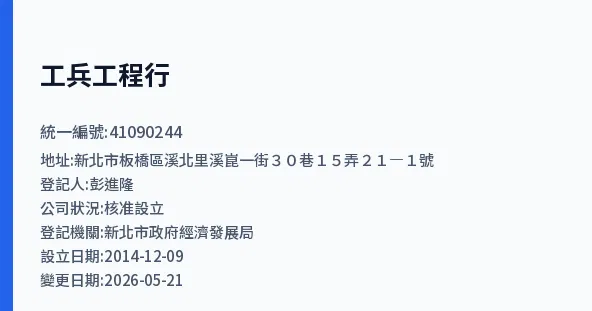 工兵工程行的照片-統編 41090244(新北市) 公司登記資料與營業項目詳細圖表