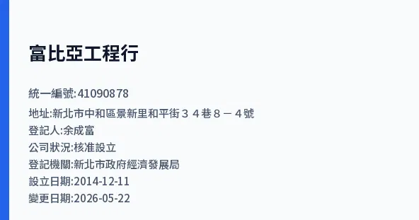 富比亞工程行的照片-統編 41090878(新北市) 公司登記資料與營業項目詳細圖表