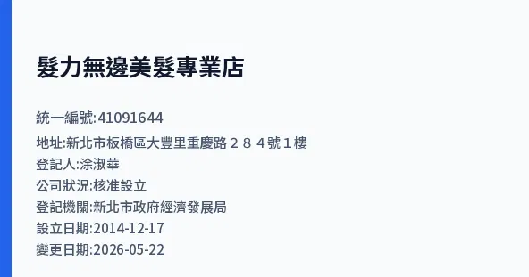 髮力無邊美髮專業店的照片-統編 41091644(新北市) 公司登記資料與營業項目詳細圖表