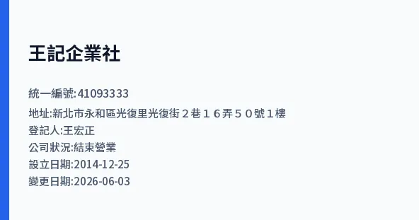 王記企業社的照片-統編 41093333(新北市) 公司登記資料與營業項目詳細圖表