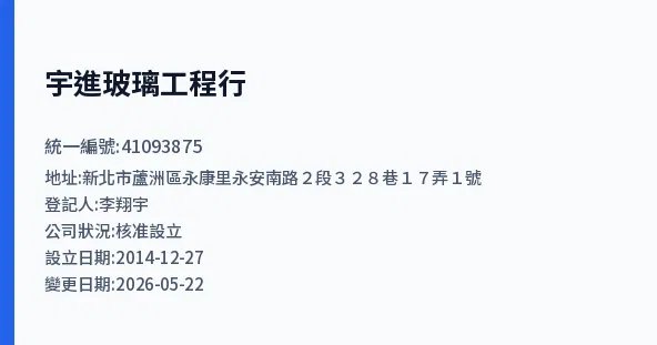 宇進玻璃工程行的照片-統編 41093875(新北市) 公司登記資料與營業項目詳細圖表