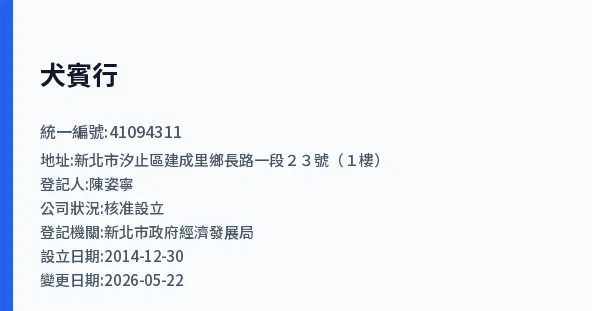 犬賓行的照片-統編 41094311(新北市) 公司登記資料與營業項目詳細圖表