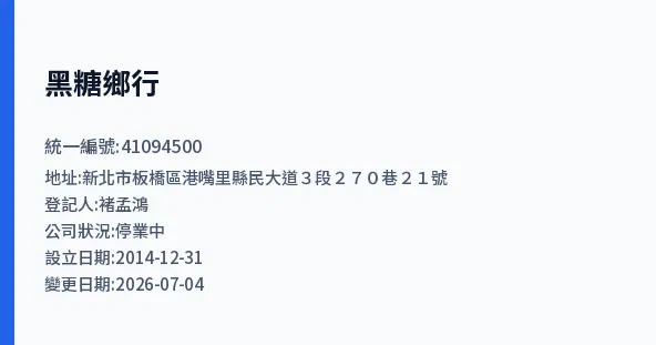 黑糖鄉行的照片-統編 41094500(新北市) 公司登記資料與營業項目詳細圖表