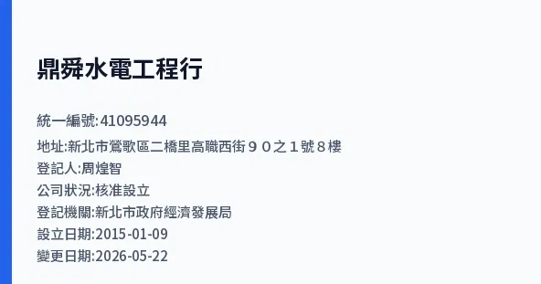 鼎舜水電工程行的照片-統編 41095944(新北市) 公司登記資料與營業項目詳細圖表