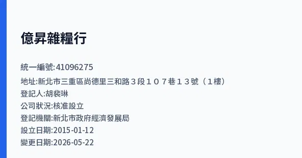 億昇雜糧行的照片-統編 41096275(新北市) 公司登記資料與營業項目詳細圖表