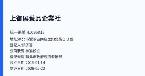 上御展藝品企業社的照片-統編 41096818(新北市) 公司登記資料與營業項目詳細圖表