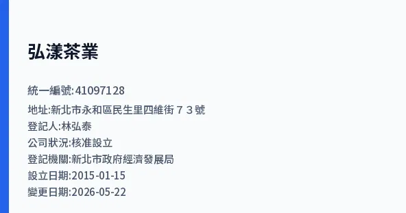 弘漾茶業的照片-統編 41097128(新北市) 公司登記資料與營業項目詳細圖表