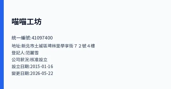 喵喵工坊的照片-統編 41097400(新北市) 公司登記資料與營業項目詳細圖表