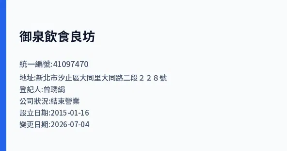 御泉飲食良坊的照片-統編 41097470(新北市) 公司登記資料與營業項目詳細圖表