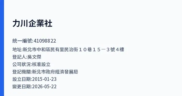 力川企業社的照片-統編 41098822(新北市) 公司登記資料與營業項目詳細圖表