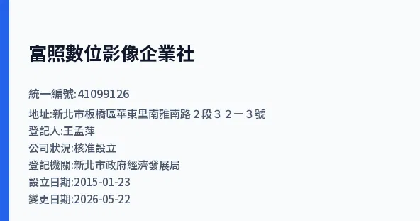 富照數位影像企業社的照片-統編 41099126(新北市) 公司登記資料與營業項目詳細圖表