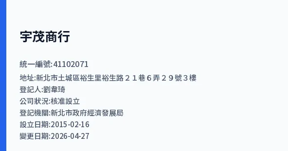 宇茂商行的照片-統編 41102071(新北市) 公司登記資料與營業項目詳細圖表