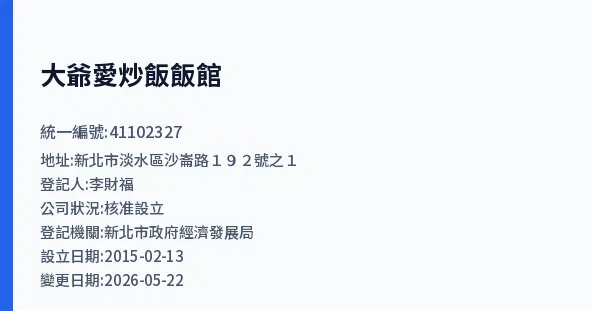 大爺愛炒飯飯館的照片-統編 41102327(新北市) 公司登記資料與營業項目詳細圖表