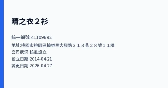 晴之衣2衫的照片-統編 41109692(桃園市) 公司登記資料與營業項目詳細圖表