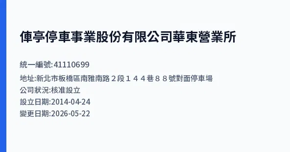 俥亭停車事業股份有限公司華東營業所的照片-統編 41110699(新北市) 公司登記資料與營業項目詳細圖表