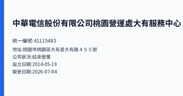 中華電信股份有限公司桃園營運處大有服務中心的照片-統編 41115483(桃園市) 公司登記資料與營業項目詳細圖表