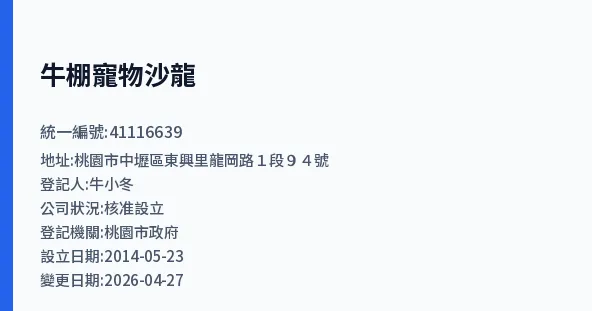 牛棚寵物沙龍的照片-統編 41116639(桃園市) 公司登記資料與營業項目詳細圖表