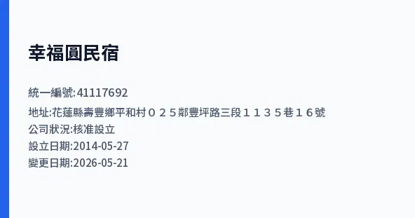 幸福圓民宿的照片-統編 41117692(花蓮縣) 公司登記資料與營業項目詳細圖表