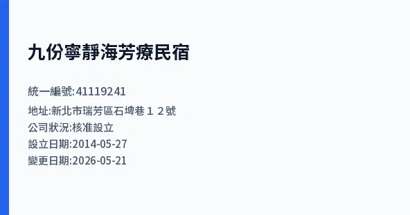 九份寧靜海芳療民宿的照片-統編 41119241(新北市) 公司登記資料與營業項目詳細圖表