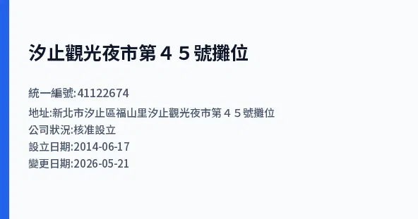 汐止觀光夜市第45號攤位的照片-統編 41122674(新北市) 公司登記資料與營業項目詳細圖表