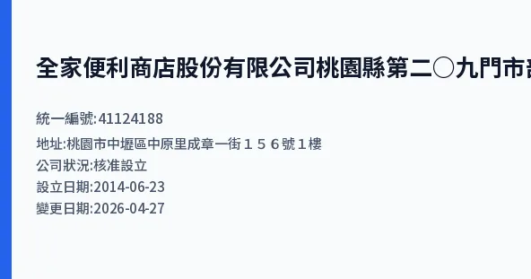 全家便利商店股份有限公司桃園縣第二○九門市部的照片-統編 41124188(桃園市) 公司登記資料與營業項目詳細圖表