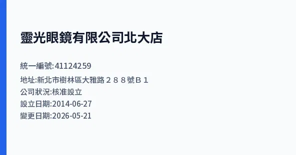 靈光眼鏡有限公司北大店的照片-統編 41124259(新北市) 公司登記資料與營業項目詳細圖表