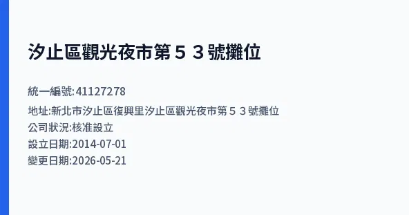 汐止區觀光夜市第53號攤位的照片-統編 41127278(新北市) 公司登記資料與營業項目詳細圖表