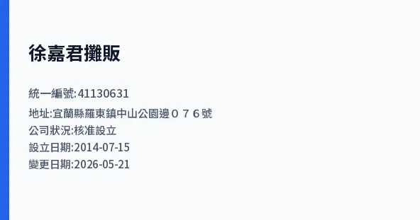 徐嘉君攤販的照片-統編 41130631(宜蘭縣) 公司登記資料與營業項目詳細圖表