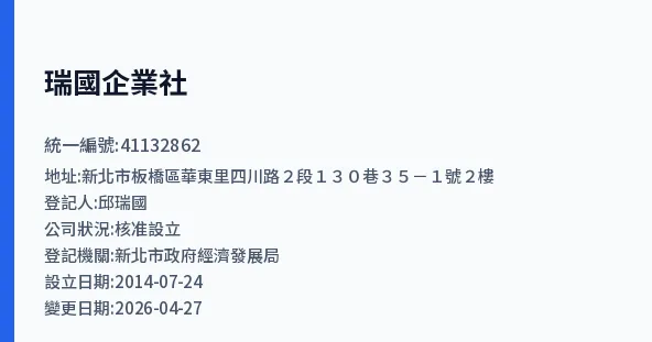瑞國企業社的照片-統編 41132862(新北市) 公司登記資料與營業項目詳細圖表