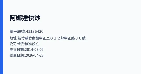 阿娜達快炒的照片-統編 41136430(新竹縣) 公司登記資料與營業項目詳細圖表