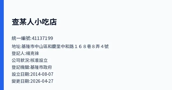 查某人小吃店的照片-統編 41137199(基隆市) 公司登記資料與營業項目詳細圖表