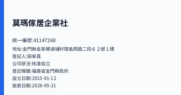 莫瑪傢居企業社的照片-統編 41147268(金門縣) 公司登記資料與營業項目詳細圖表