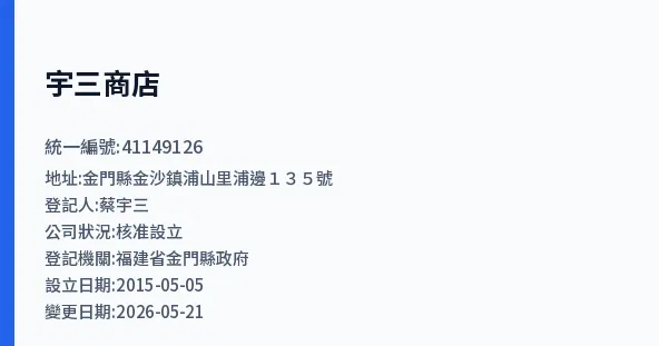 宇三商店的照片-統編 41149126(金門縣) 公司登記資料與營業項目詳細圖表
