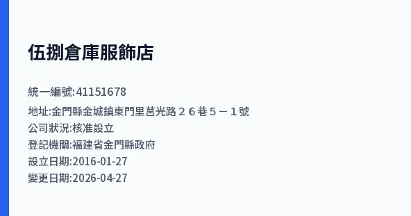 伍捌倉庫服飾店的照片-統編 41151678(金門縣) 公司登記資料與營業項目詳細圖表