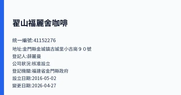 翟山福麗舍咖啡的照片-統編 41152276(金門縣) 公司登記資料與營業項目詳細圖表