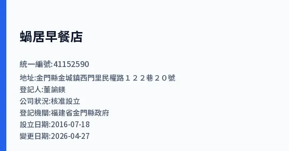 蝸居早餐店的照片-統編 41152590(金門縣) 公司登記資料與營業項目詳細圖表