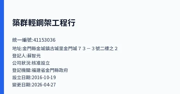 築群輕鋼架工程行的照片-統編 41153036(金門縣) 公司登記資料與營業項目詳細圖表