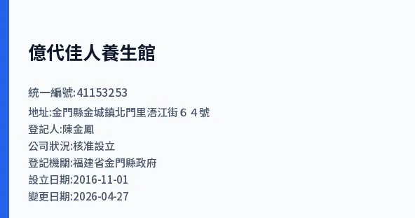 億代佳人養生館的照片-統編 41153253(金門縣) 公司登記資料與營業項目詳細圖表