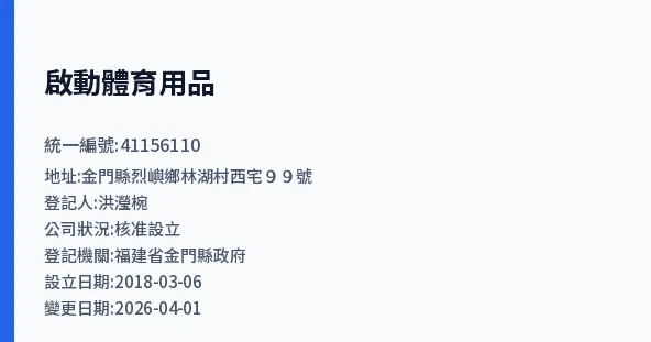 啟動體育用品的照片-統編 41156110(金門縣) 公司登記資料與營業項目詳細圖表